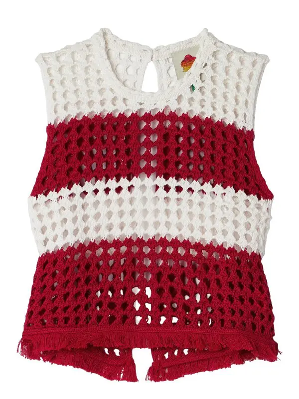 Farm Rio Fringed Striped Crocheted Cotton Tank - Red