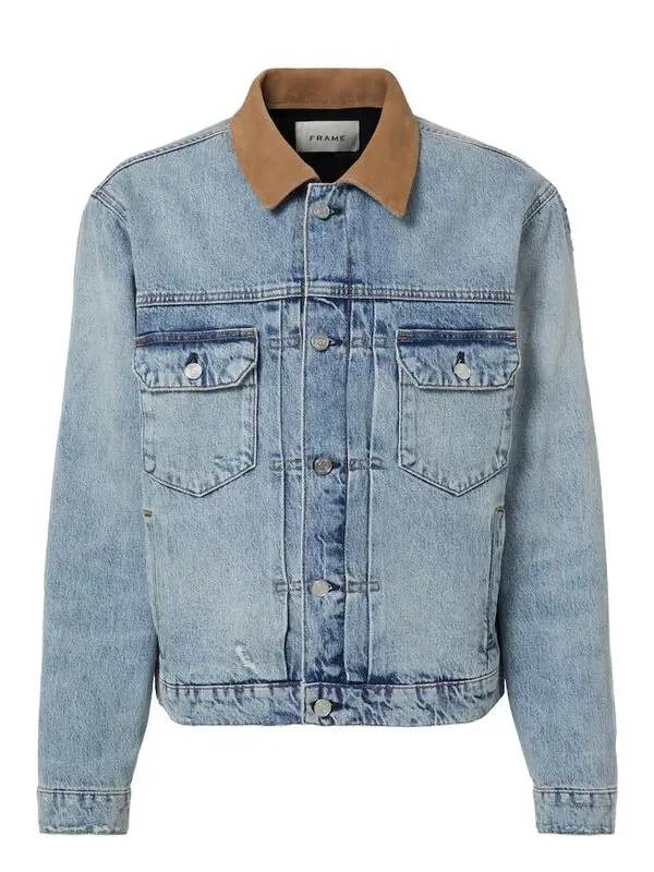 FRAME Distressed Suede-trimmed Denim Jacket - Blue