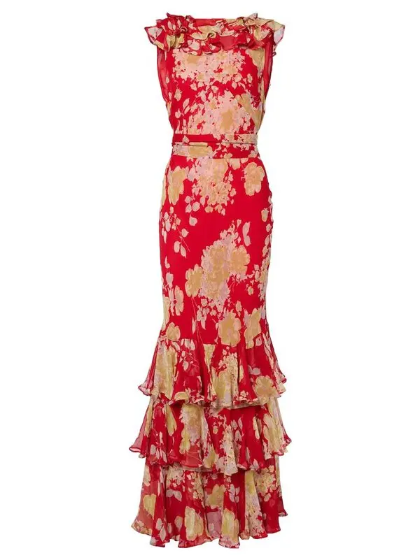 Rixo Rio Floral Ruffled Gown - Red