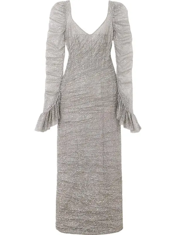 SANDRA MANSOUR Mabon Ruffled Glittered Tulle Gown - Gray