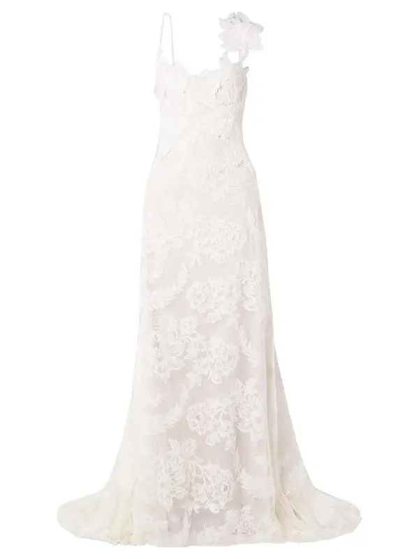 DANIELLE FRANKEL Edie Appliquéd Silk Chiffon-trimmed Cotton-blend Corded Lace Gown - Neutrals