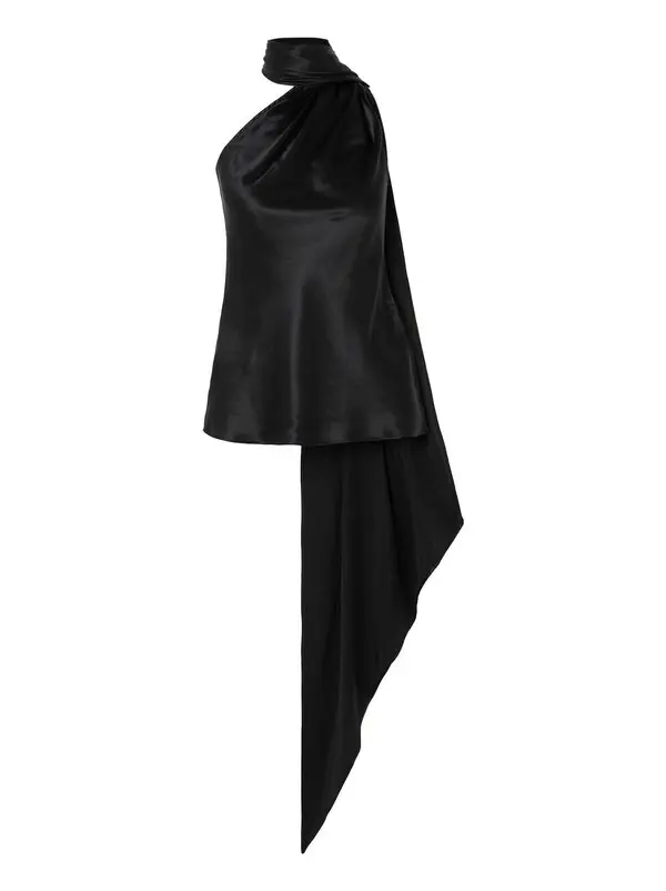 BEARE PARK Asymmetric Draped Silk-satin Halterneck Tank - Black
