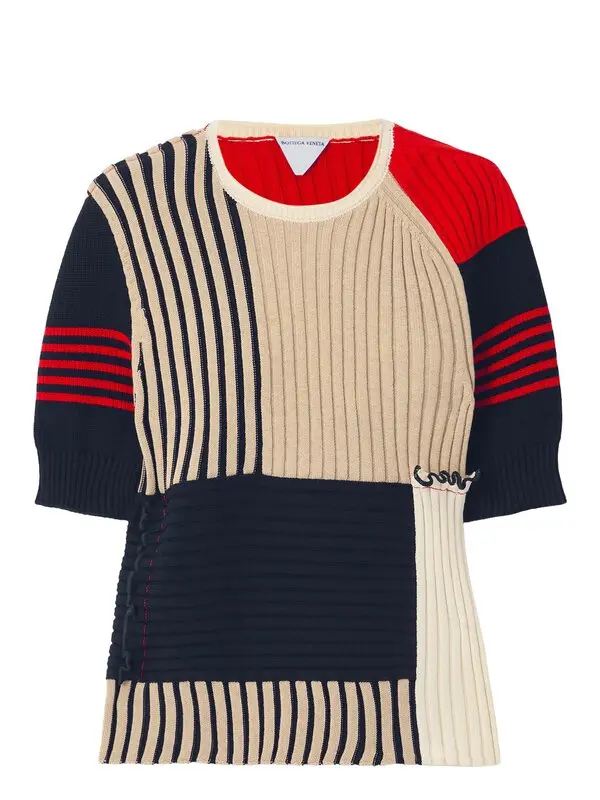 Bottega Veneta Patchwork Striped Ribbed Cotton Sweater With Ruffle Trim - Multi