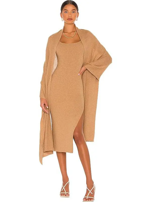 Lpa Salmah Ribbed Knit Midi Dress With Detachable Shawl - Tan