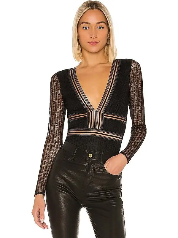 Superdown Britni Deep V Bodysuit With Lace And Trim Detail - Black