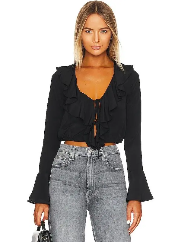 MORE TO COME Denise Ruffle Tie Top - Black