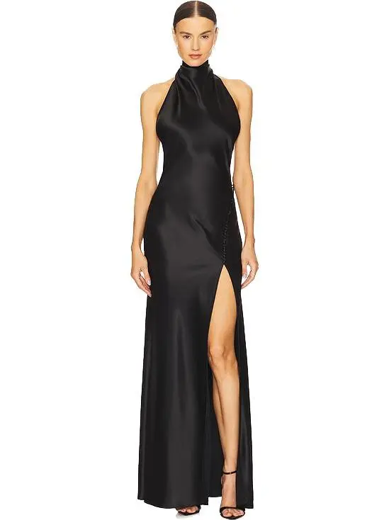SAU LEE Halterneck Gown With Side Slit - Black