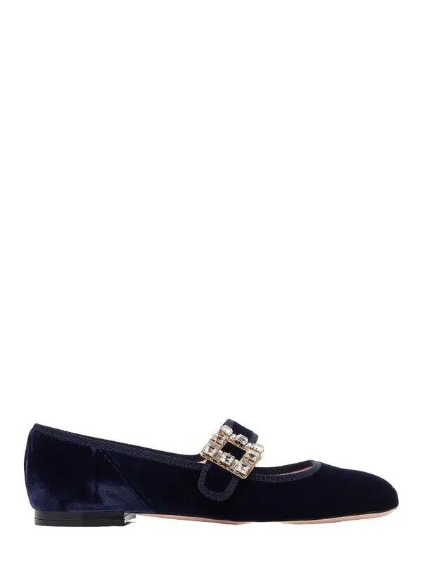 ROGER VIVIER Tres Vivier Velvet Mary Jane Flats With Embellished Buckle - Navy