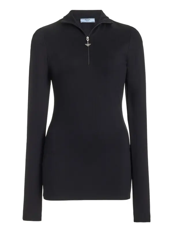 Prada Stretch-jersey Zip-up Top With Triangle Logo - Black