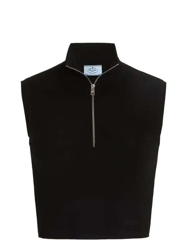 Prada Logo Detailed Ribbed Jersey Half-zip Turtleneck Crop Top - Black