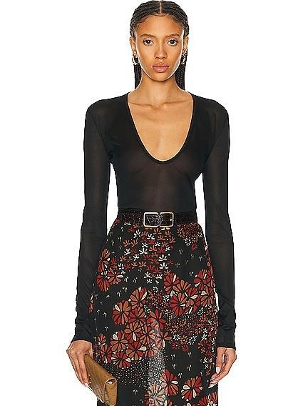 Saint Laurent Plunge Neck Sheer Long Sleeve Top - Noir