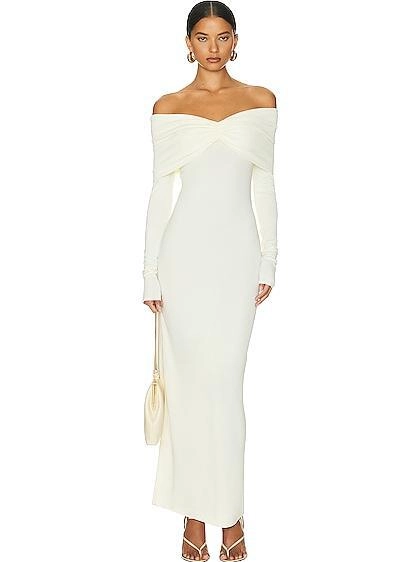 HELSA Matte Jersey Off Shoulder Maxi Dress - Ivory