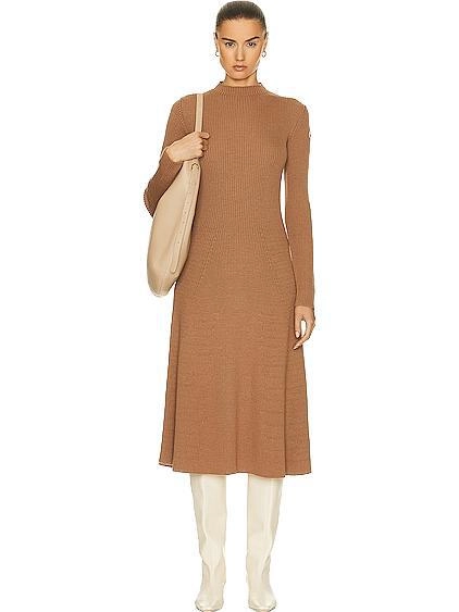Moncler Long Sleeve Midi Knit Dress - Camel