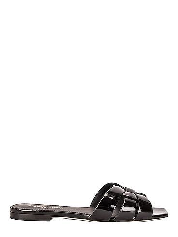 Saint Laurent Tribute Nu Pieds Patent Leather Flat Sandals - Noir