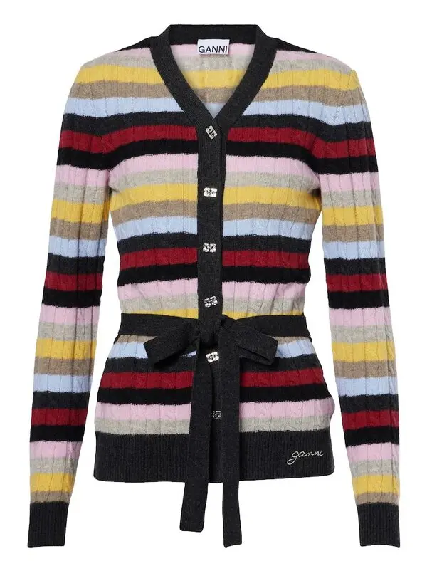 GANNI Striped Cable-knit Wool-blend Cardigan - Multicoloured