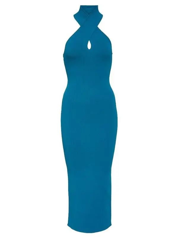Alaïa Halterneck Ribbed Midi Dress - Blue
