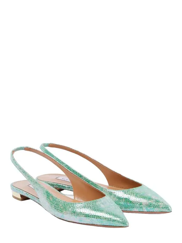 AQUAZZURA Purist Snake-effect Leather Slingback Flats - Green