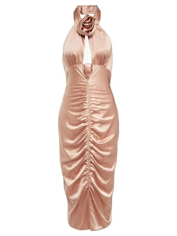 Alessandra Rich Ruched Cutout Satin Midi Dress - Pink