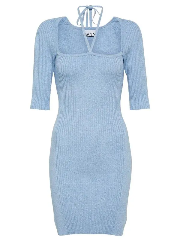GANNI Melange Knit Mini Dress - Blue