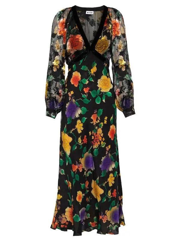 Rixo Ombre Bloom Black Floral Silk Midi Dress - Multicoloured