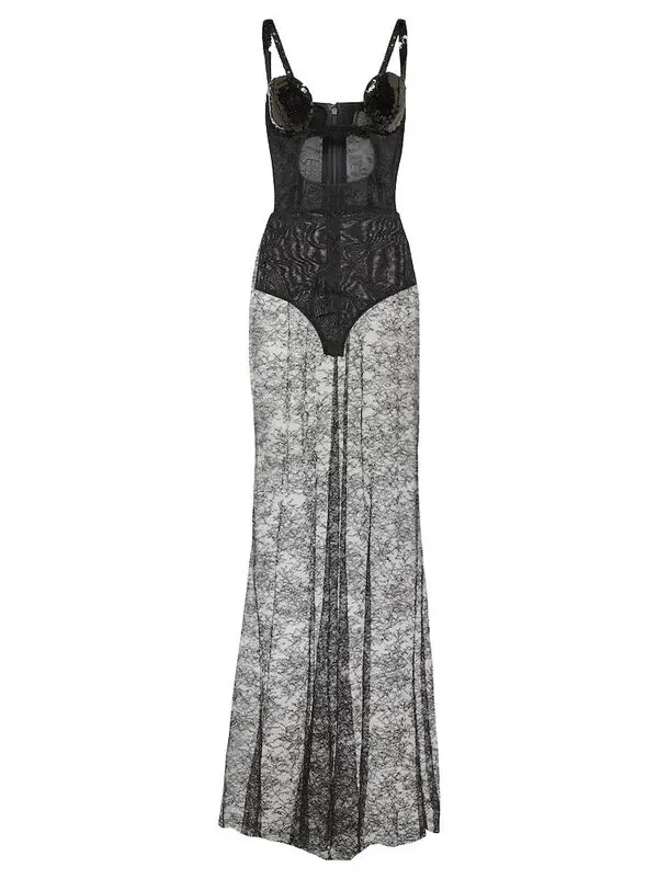 NENSI DOJAKA Cutout Sequined Lace-trimmed Gown - Black