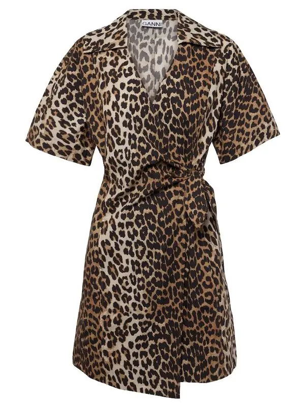 GANNI Leopard-print Cotton Wrap Dress - Multicoloured