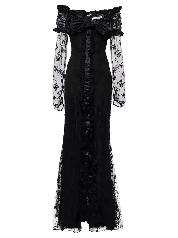 Alessandra Rich Bow-detail Ruffled Off-shoulder Lace Gown - Black