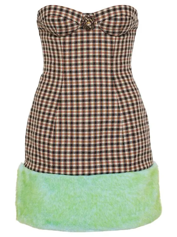 AREA Checked Wool And Cotton Bustier Dress With Faux Fur Trim - Multicoloured