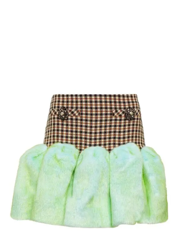 AREA Checked Wool And Cotton Miniskirt With Faux Fur Trim - Multicoloured