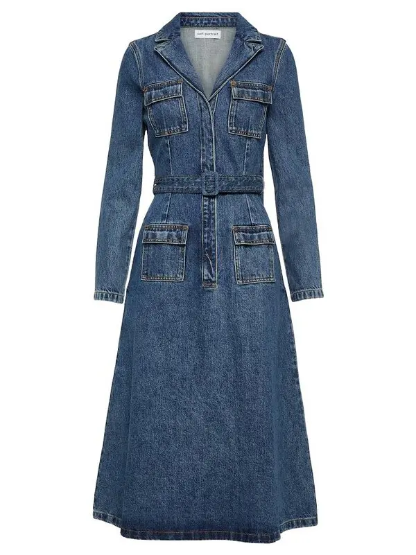 SELF-PORTRAIT Belted Denim Midi Dress - Blue