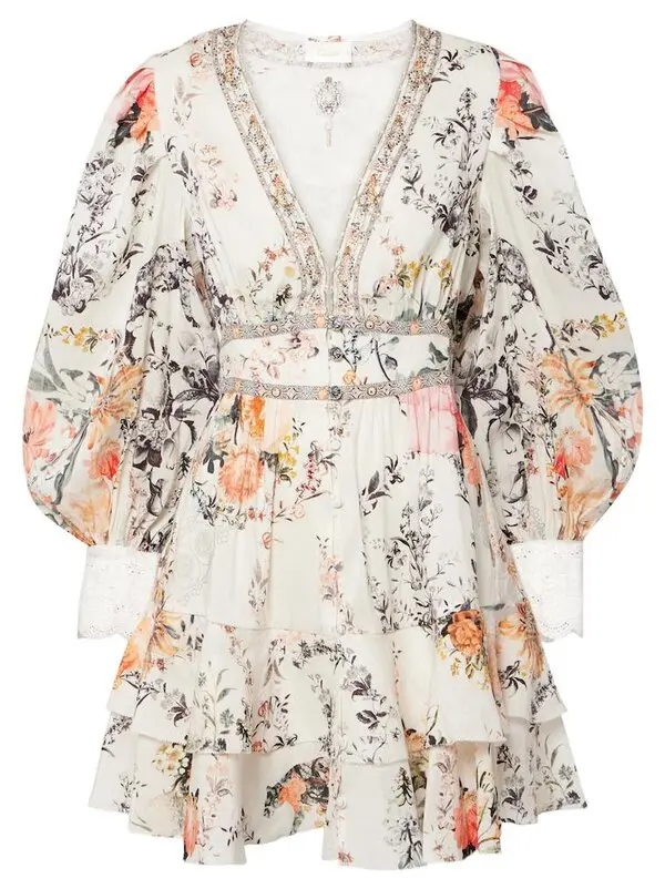 Camilla Floral Linen And Silk Mini Dress - Multicoloured