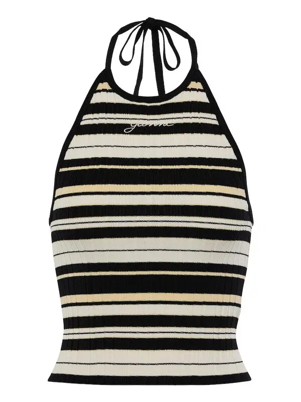 GANNI Logo Ribbed-knit Halterneck Top - Multicoloured