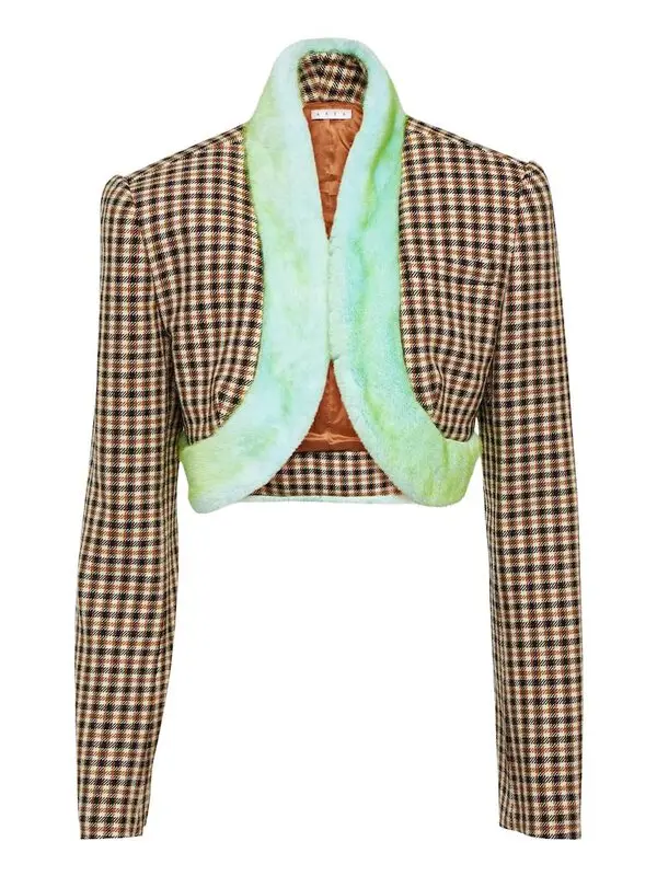 AREA Cropped Wool And Cotton Jacket With Faux Fur Trim - Multicoloured