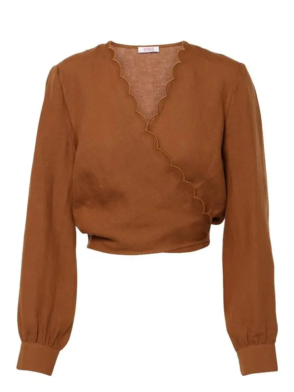 ERES Scalloped Linen Wrap Top - Brown