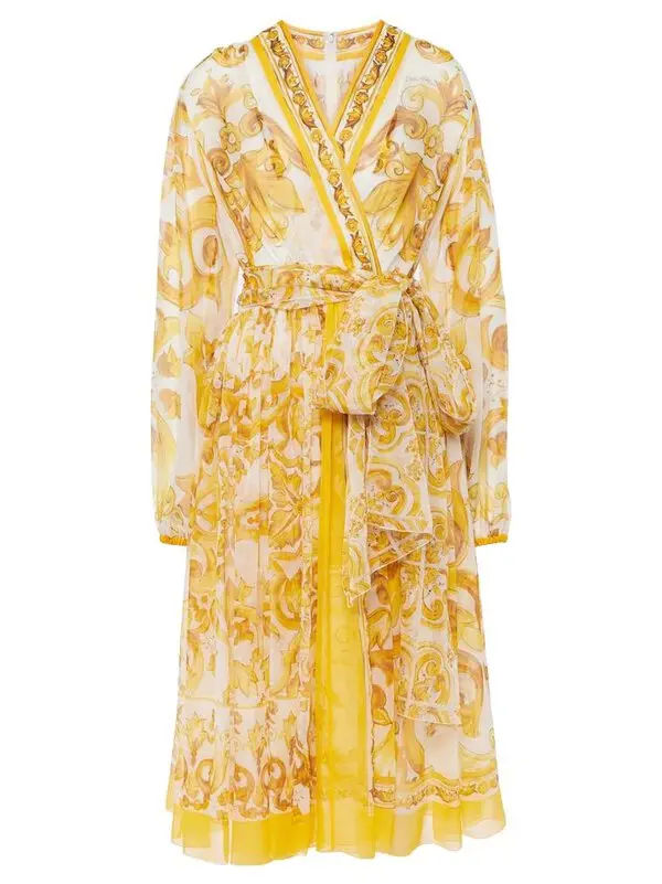 Dolce & Gabbana Majolica Print Silk Chiffon Midi Dress - Yellow