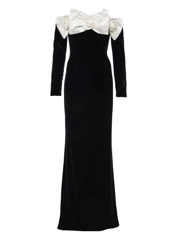 Alessandra Rich Bow-detail Off-shoulder Velvet Gown - Black
