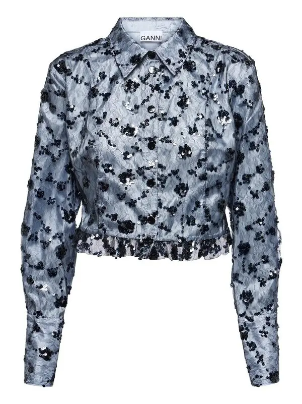 GANNI Sequined Lace Cropped Shirt - Blue