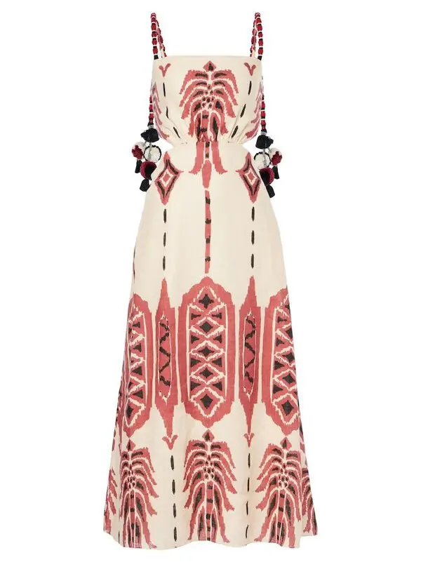 Johanna Ortiz Embroidered Printed Linen Midi Dress - Multicoloured