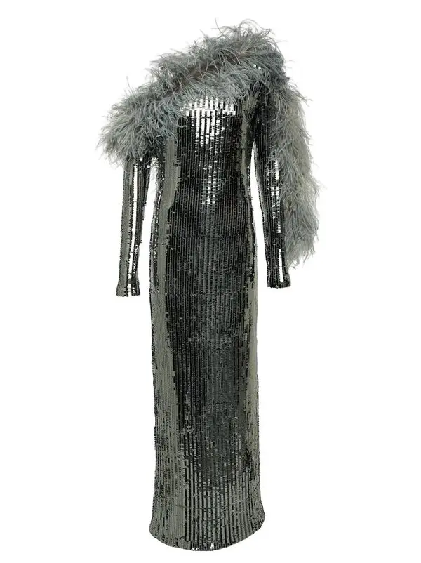 TALLER MARMO Garbo Disco Feather-trimmed Gown - Silver