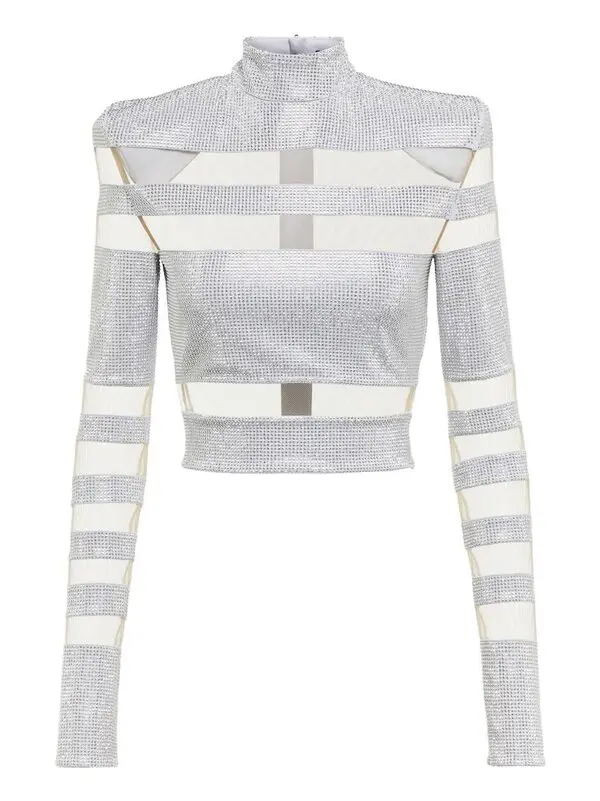 Balmain Mesh-paneled Embellished Top - Silver