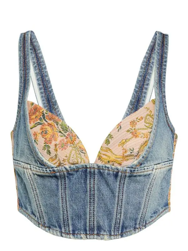 Alessandra Rich Floral Cropped Denim Bustier Top - Multicoloured