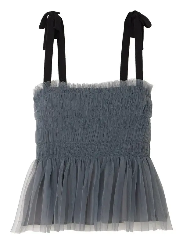 MOLLY GODDARD Lydia Shirred Grosgrain-trimmed Tulle Top - Gray