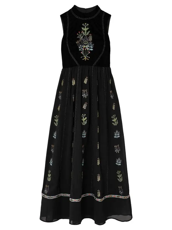 EMPORIO SIRENUSE Flossie Embroidered Velvet And Georgette Maxi Dress - Black