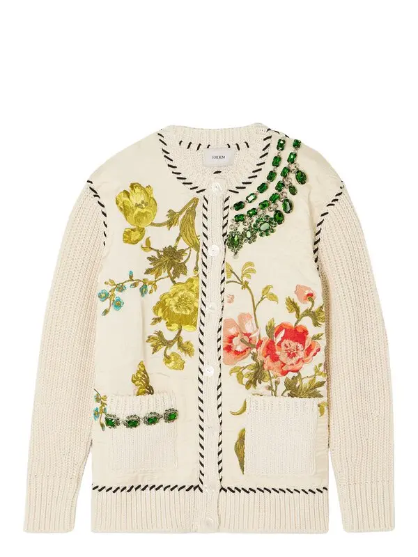 Erdem Embellished Embroidered Faille And Ribbed Cotton-blend Cardigan - Multi