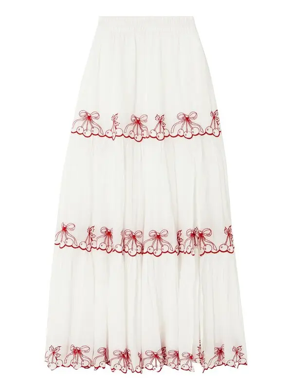LoveShackFancy Jemila Tiered Scalloped Embroidered Organic Cotton Maxi Skirt - White