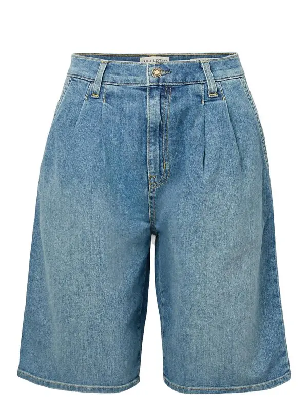 NILI LOTAN Julie Pleated Denim Shorts - Blue