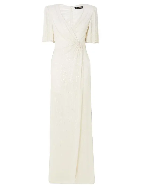 Jenny Packham Draped Wrap-effect Embellished Chiffon Gown - White