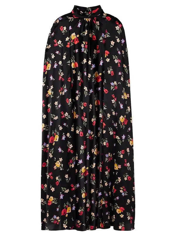 RODARTE Midi Dress With Cape Effect In Floral Silk-charmeuse - Black