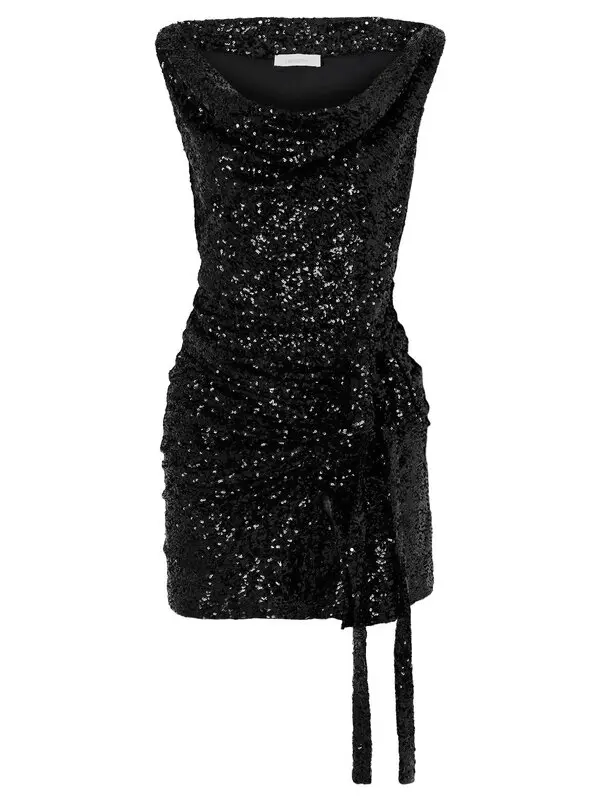 Rabanne Bow-embellished Sequined Ruffled Woven Mini Dress - Black