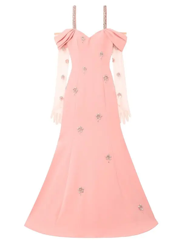 Sabina Bilenko Embellished Crepe And Tulle Gown With Opera Gloves - Pink